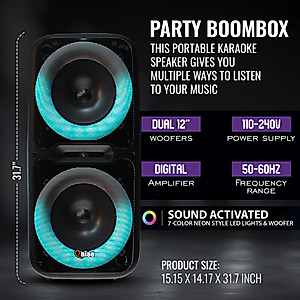 QAISE Portable Bluetooth Speaker & Karaoke Machine - Portable PA System with Wireless Mic, Professional Dual 10” Subwoofer with Lights, 7h Play time, 5000 Watts Peak Power - SonicBoomer X-BASS