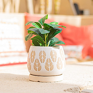 Chonsun Ceramic Planter with Saucer 6 Inch Plant Pots Indoor Oudoor Planter with Drainage Hole Flower Pots Succulent Plant Pots Mid-Century Ceramic Planter White