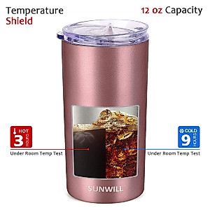 SUNWILL 12oz Tumbler with Lid, Insulated Coffee Travel Mug, Skinny Tumbler Lowball, Double Wall Stainless Steel Coffee Cup for Tea and Beverage, Rose Gold