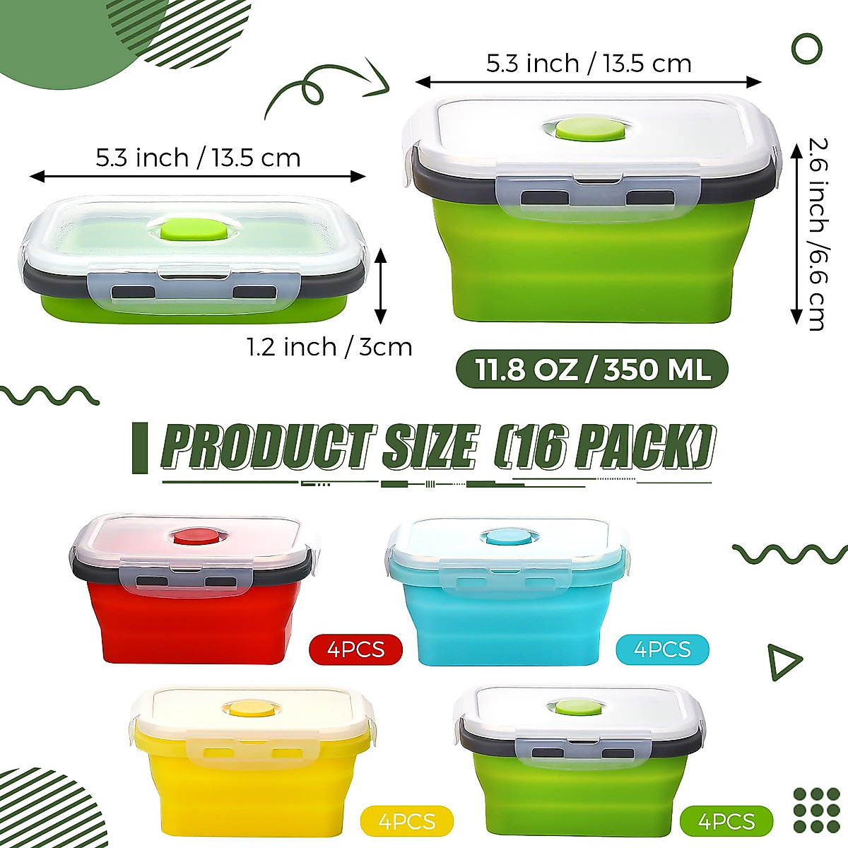 Bokon 16 Silicone Collapsible Food Storage Containers 11.8 oz Reusable Collapsible Bowls with Lids Vent Foldable Food Container Sets Meal Prep Container Silicone Lunch Box, Microwave Dishwasher Safe