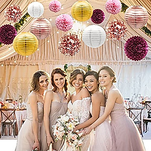 Burgundy Pink Rose Gold Hanging Party Decorations, 15Pcs Tissue Paper Lanterns and Paper Pom Poms Flowers for Graduation Wedding Birthday Bridal Shower