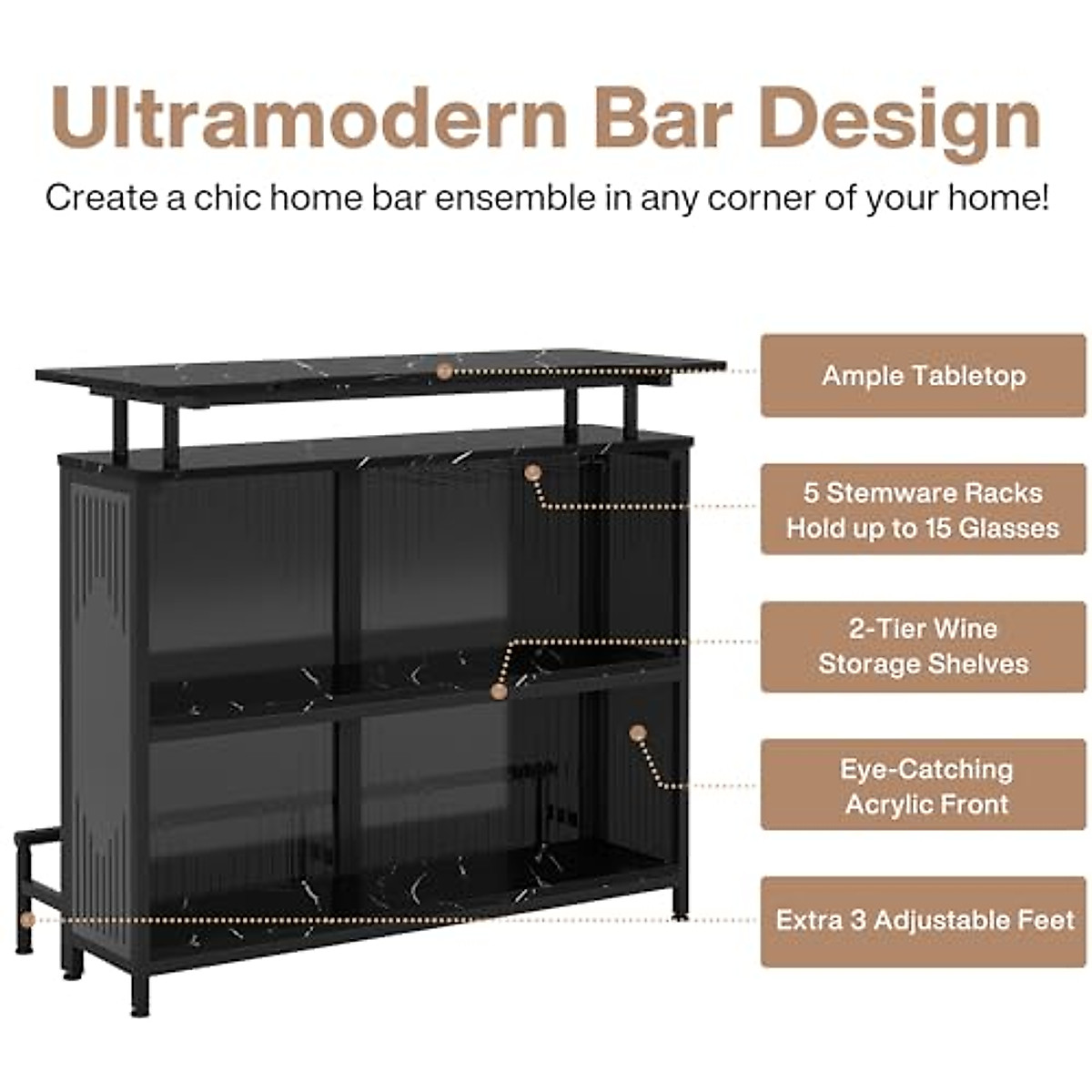 Tribesigns Home Bar Unit, 3 Tier Liquor Bar Table with Black Faux Marble Shelves and Stemware Racks, Wine Bar Cabinet Mini Bar with Acrylic Front for Home Kitchen Basement Pub, XDBAR858