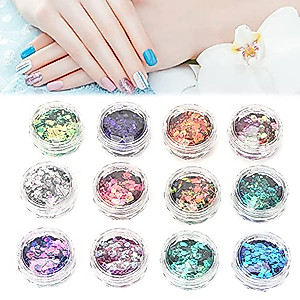 Nail Art Glitter Sequins, Holographic Nail Art Sequins Glitter Kits, Iridescent Flakes Mixed Color Nail Glitter Decorations, 12 Boxes/Set