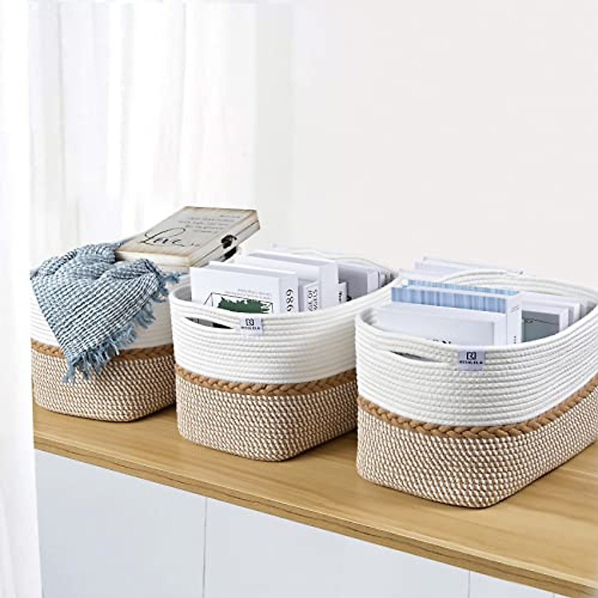 RITHLELA Woven Baskets 15"x10"x9" Cotton Rope Cube Storage Baskets Set of 3 Decorative Baskets Closet Cloth Storage Baskets and Bins for Shelves with Handles for Blanket, Laundry, Clothes - Light Tan