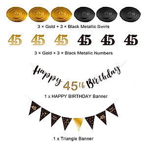 BRT Bearingshui 45th Birthday Decoration Kit for Men Women, Happy 45th Birthday Banner Bunting Swirls Streamers, Triangle Flag Banner for Birthday Party Decorations Supplies Black and Gold 45th