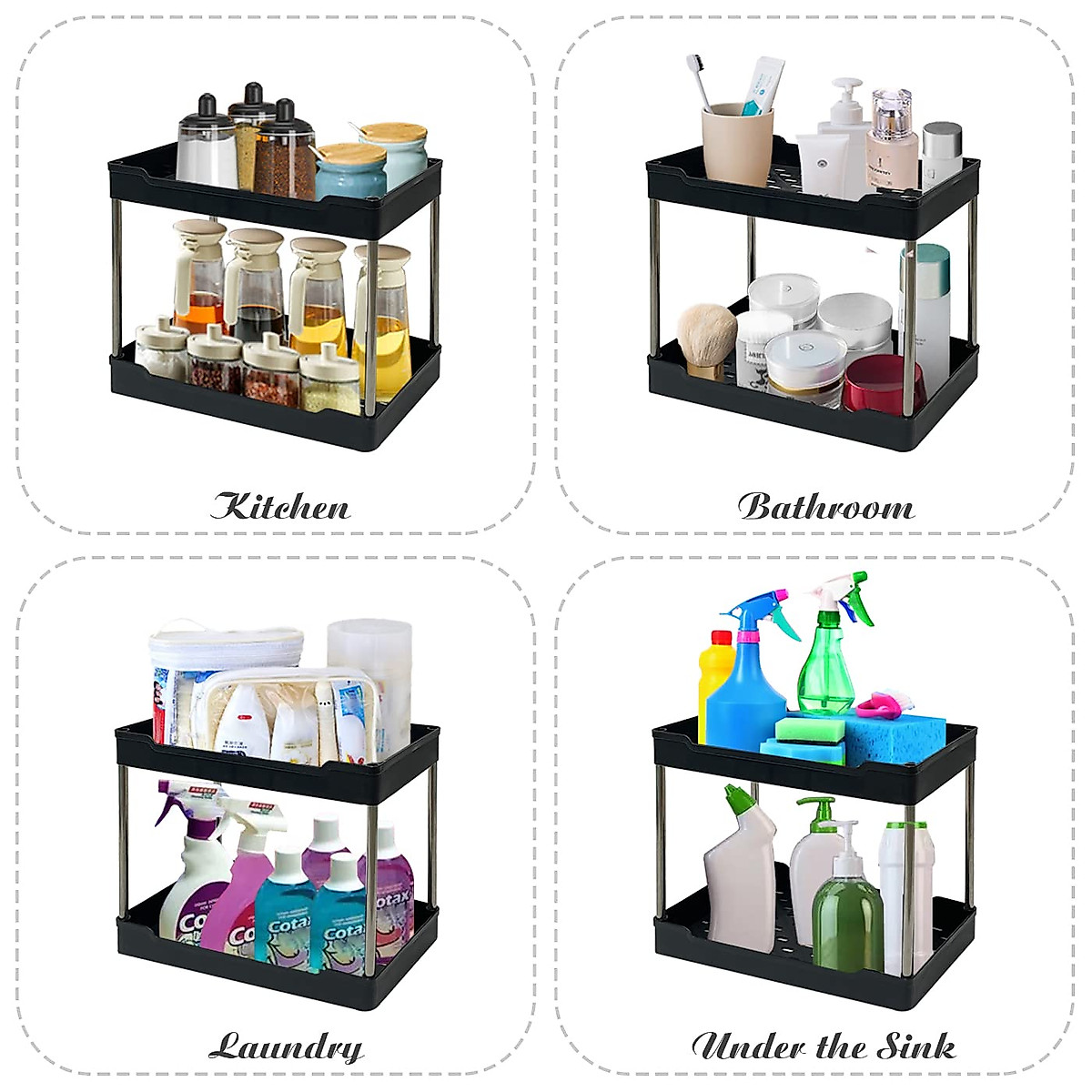 OHAHALICO 2 Pack 4 Tier Storage Cart, Bathroom Rolling Utility Cart Storage Organizer Slide Out Cart, Mobile Shelving Unit Organizer Trolley for Office Bathroom Kitchen Laundry Room, Black