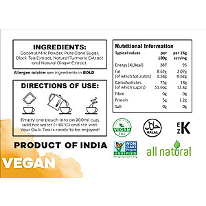 QuikTea Vegan Turmeric Ginger Chai Tea Latte Mix - 10 Count Single Box - All Natural, Non GMO, Vegan Certified | Convenient & Easy Dairy Free Instant Chai Tea Mix | Healthy Coffee Alternative