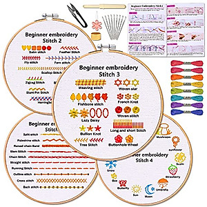 4 Sets Beginners Embroidery Stitch Practice kit, Embroidery Starter kit for Craft Lover with 30 Different Stitches,Embroidery Skill Practice Kit Include 4 Embroidery Cloth with Pattern Embroidery Hoop
