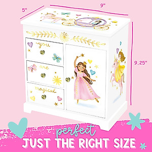 Giggle & Honey Princess Musical Jewelry Box for Girls - Kids Music Box with Drawers, Fairytale Gifts for Girls Birthday, Princess Jewelry Boxes for Ages 3-10 - 9 x 5 x 9.3 in, White