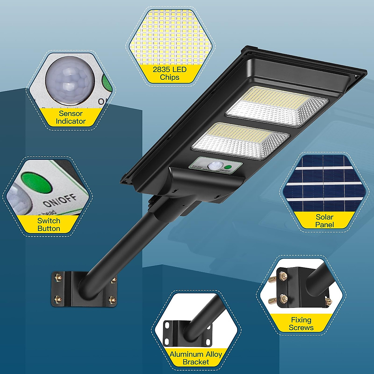 Solar Powered Street Light 6000 Lumens, 560LED Flood Security Lights with Remote Control, Dusk to Dawn, Solar Outdoor Lighting with Motion Sensor, Ip65 Waterproof for Yard, 400W