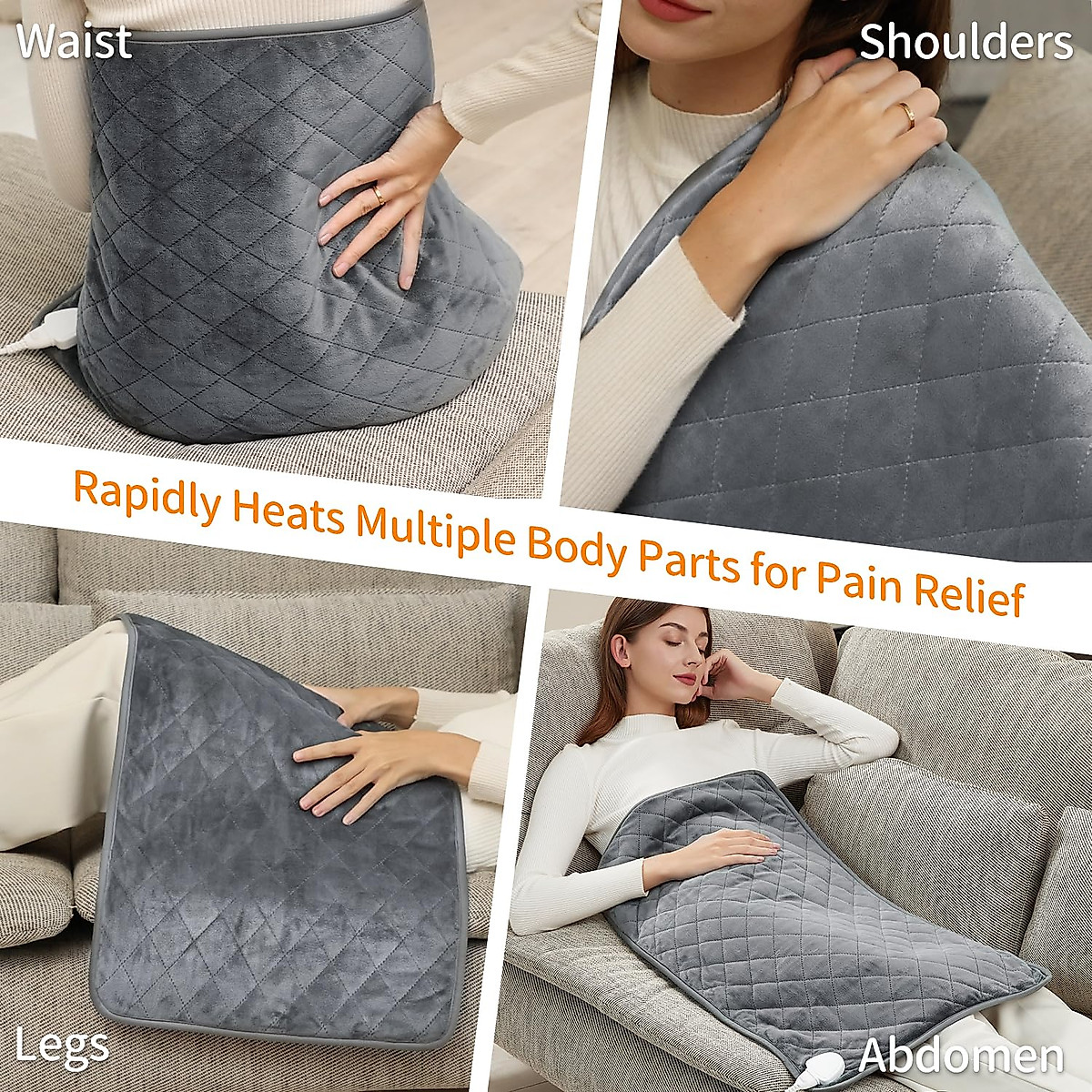Focbeo Heating Pad for Back Pain Relief, 17''x33'' Extra Large Electric Heating Pad for Cramps, Neck, Shoulder 6 Heat Settings with Auto Shut Off, Machine Washable, Grey