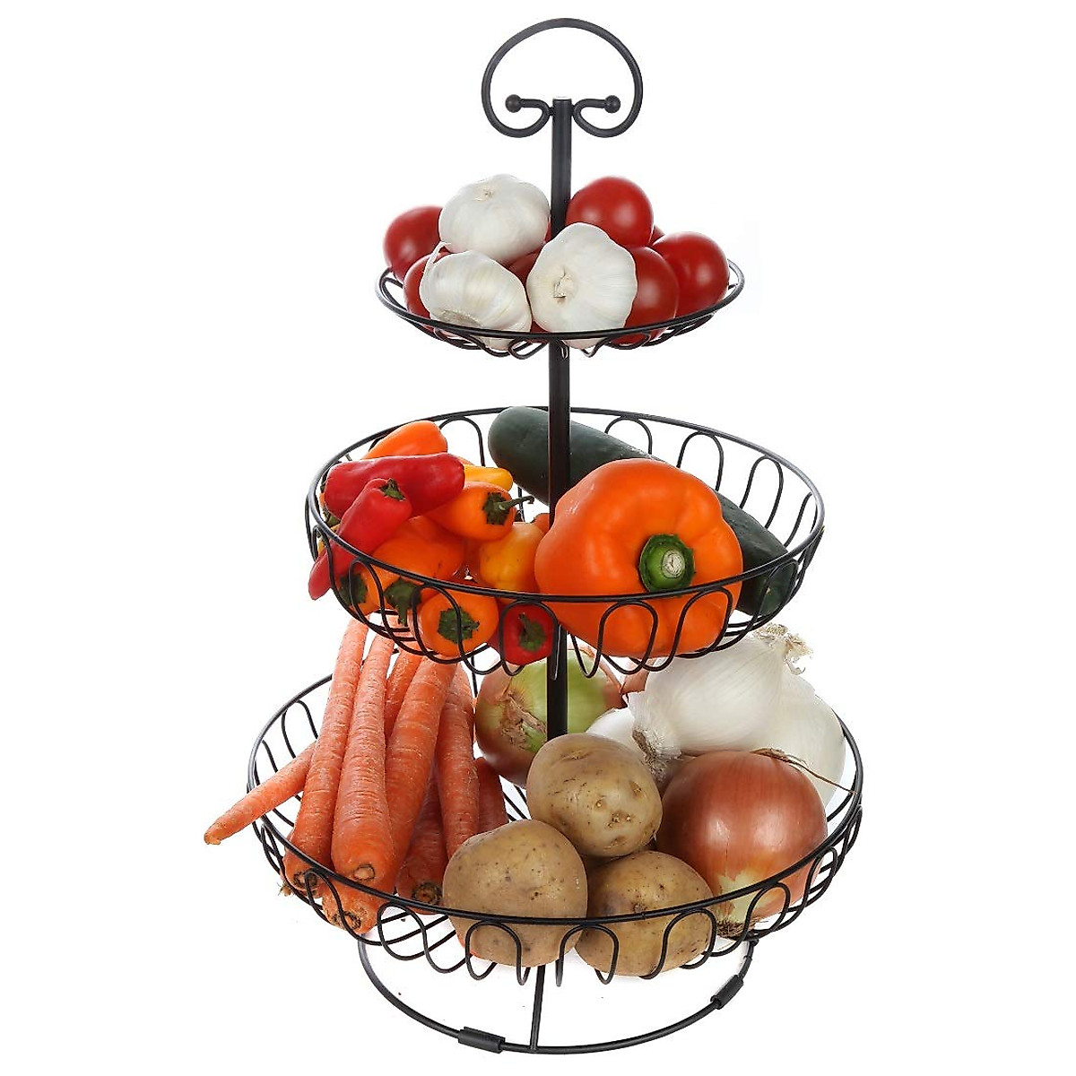Lily's Home Wire Fruit and Vegetable Holder, 3-Tiered Fruit Basket, Kitchen Accessories - Black