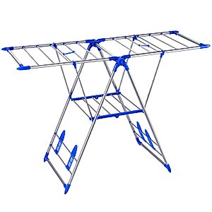 BKTD Clothes Drying Rack, 2 Tier Stainless Steel Laundry Drying Rack with Sock Clips, Foldable Free Standing Drying Rack Clothing with Height Adjusted Wings, Space Saving Indoor Outdoor, Silver Blue.