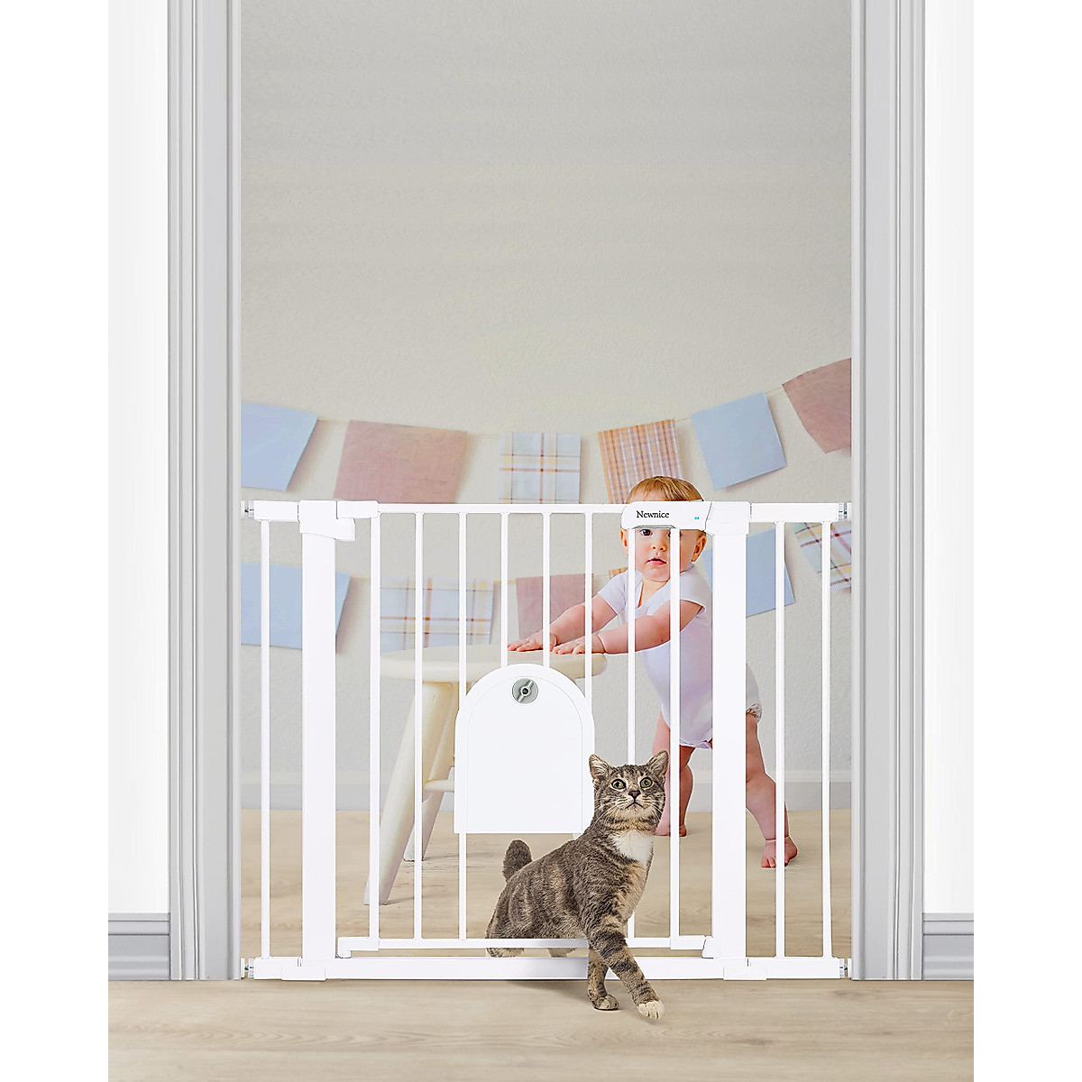 Newnice 40.6" -29.7" Auto Close Baby Gate with Small Cat Door, Easy Walk Thru & Durable Dog Pet Gates for Stairs, Doorway, House, Pressure Mounted Safety Child Gate Includes 4 Wall Cups