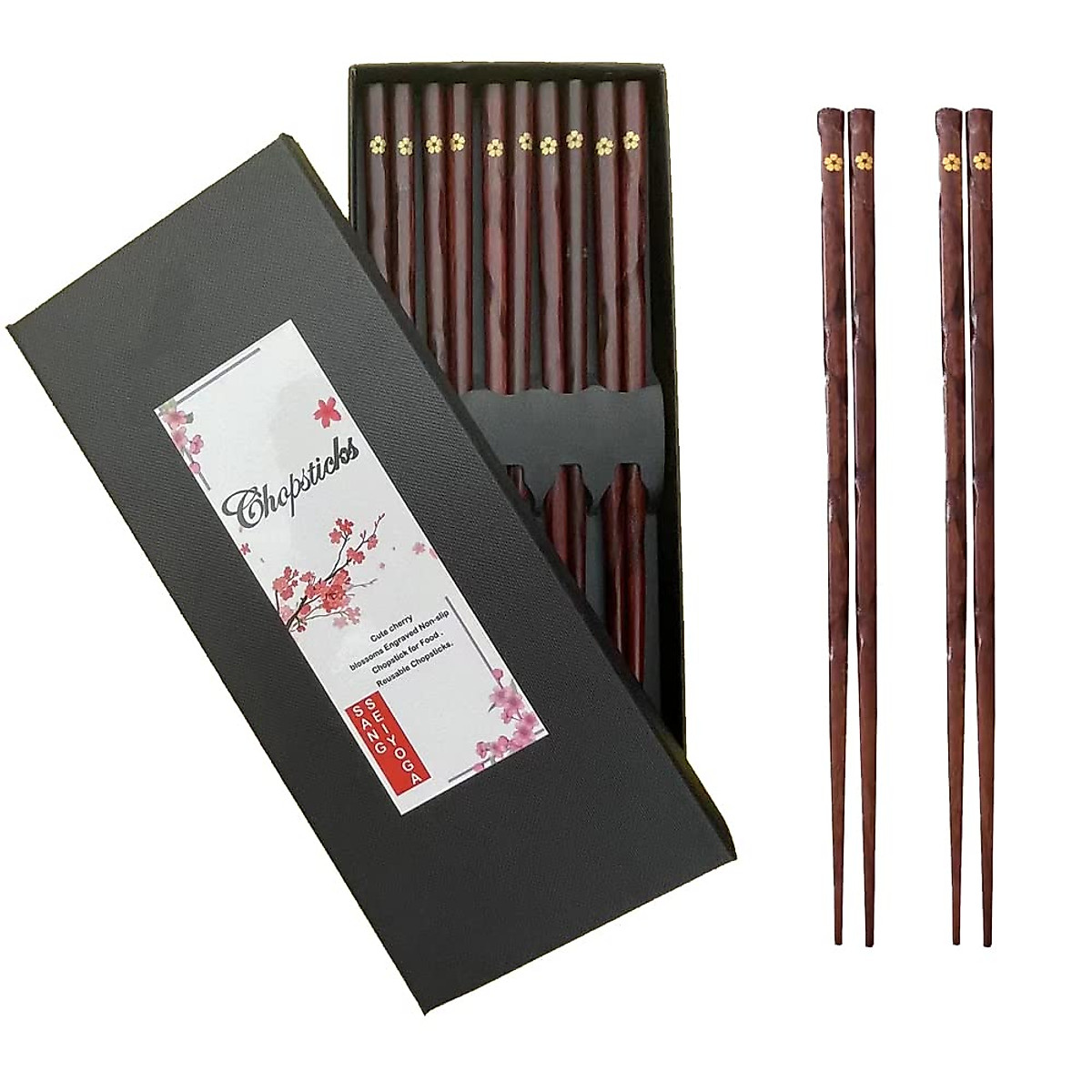 Sang Seiyoga 10 Pairs Solid Wood Chopsticks Reusable Dishwasher Safe，Cute cherry blossoms Engraved Non-slip Japanese Chopstick，9 Inch/23cm Gift Set