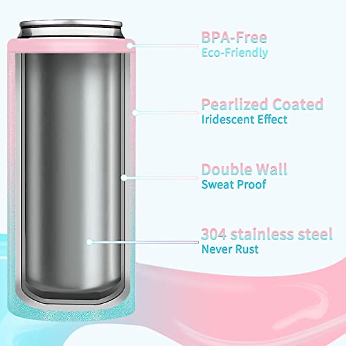 Fanfeigo Slim Can Cooler for Skinny Beer Beverage Stainless Steel Double Wall Vacuum Insulated Drink Holder for 12 oz Regular or Slim Cans & Bottles Cooler (Shiny Pink-Blue)