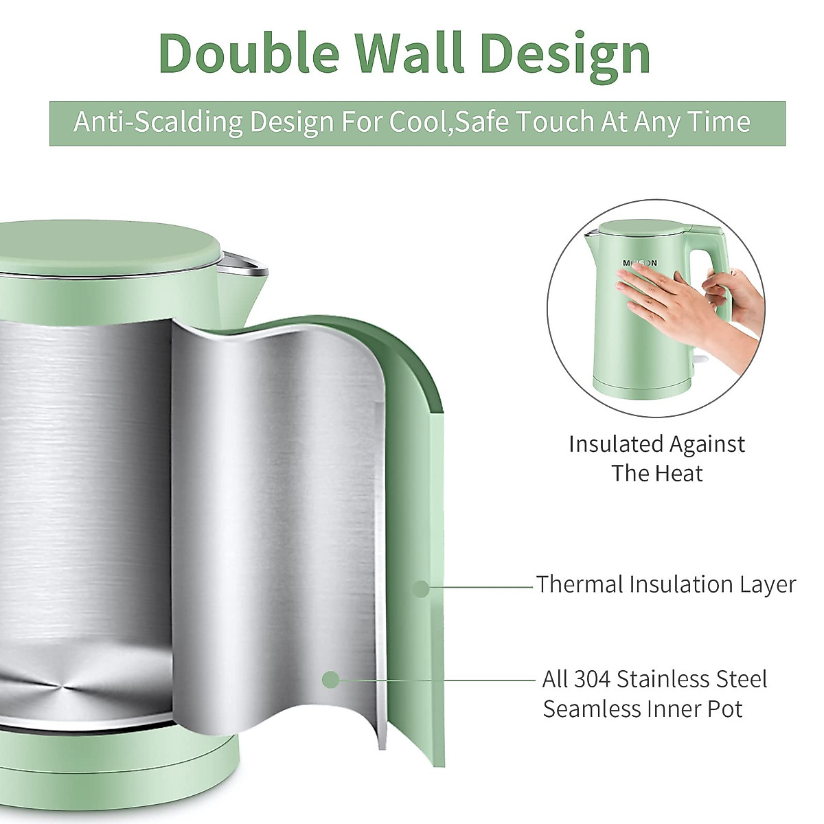 MEISON Electric Kettle, 1.7 L Double Wall Food Grade Stainless Steel Interior Water Boiler, Coffee Pot & Tea Kettle, Auto Shut-Off and Boil-Dry Protection, 1200W, 2 Year Warranty(Green)