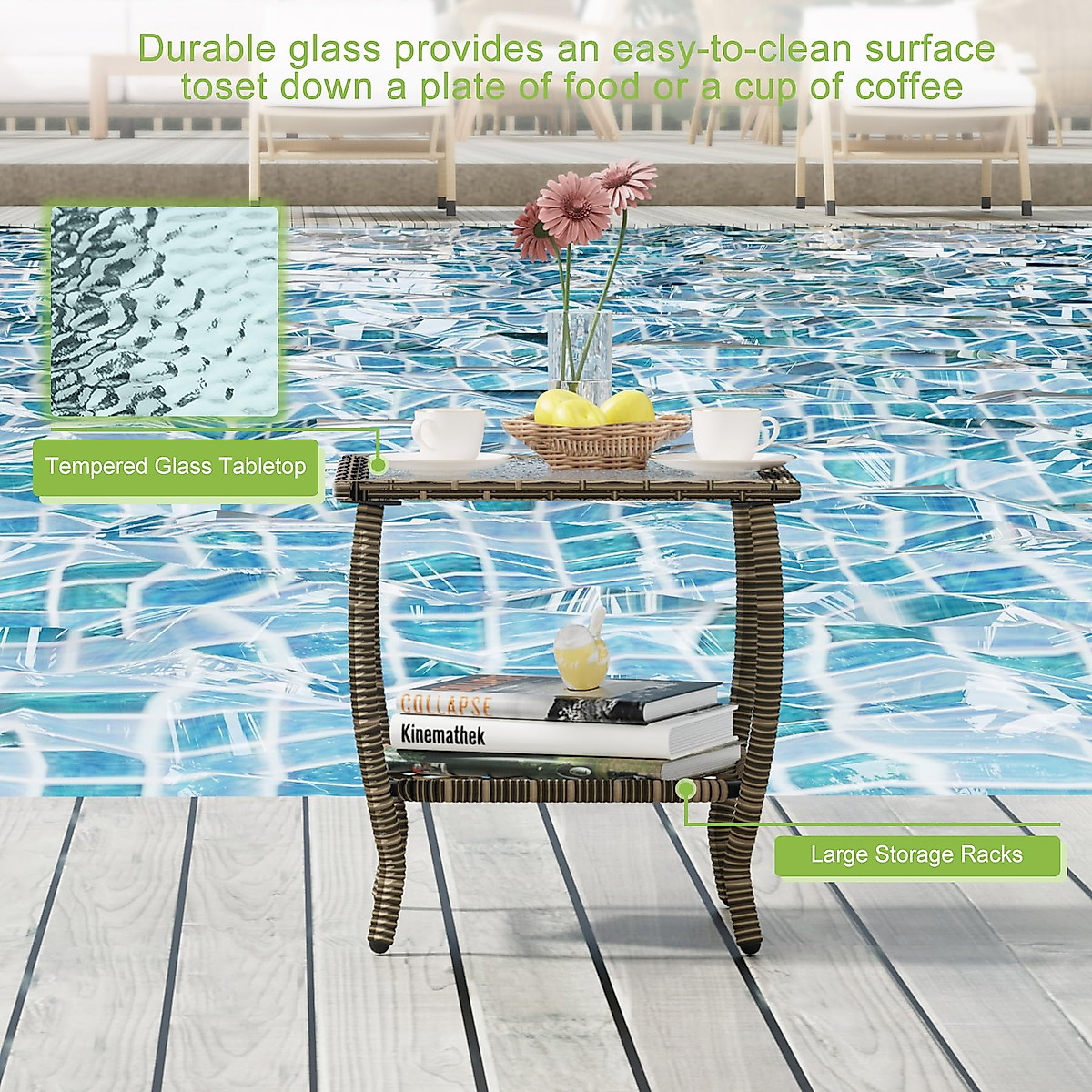 BALDPER 6 Pieces Patio Conversation Set, Lounge Rocking Chair with Cushion & Coffee Table, Wicker Bistro Set, Outdoor Furniture Set for Porch, Deck, Backyard, or Poolside, Beige