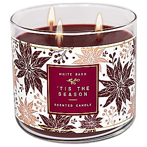 White Barn 3-Wick Candle w/Essential Oils - 14.5 oz - 2020 Holidays Scents! (‘Tis The Season),Burgundy Soy Wax,White and Burgundy Leaf Jar Print,Gold Lid,Transparent Glass