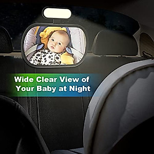 JoyDow Baby Car Mirror with Night Light, Safety Rear Facing Car Seat Mirror for Infant Newborn, Wide Crystal Clear View 360° Adjustable, Crash Tested & 100% Shatterproof