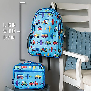 Wildkin 15 Inch Backpack Bundle with 14 Ounce Steel Reusable Water Bottle (Trains, Planes & Trucks)