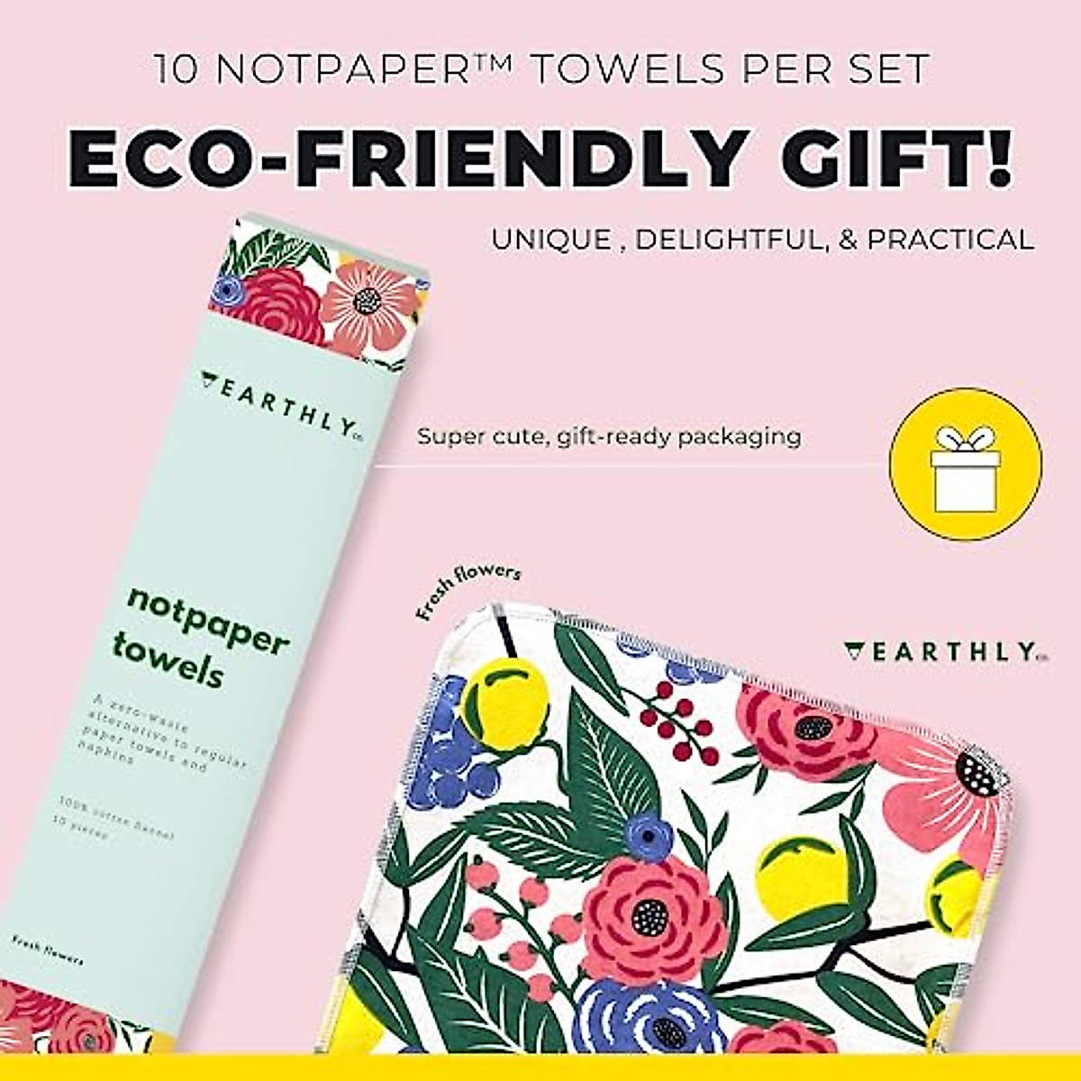 Earthly Co. Reusable Paper Towels - 10 Pack - Cloth Paper Towels Reusable Washable - Roll of Reusable Napkins Paperless Paper Towels - Absorbent + Long Lasting - Zero Waste Products - (Flowers)
