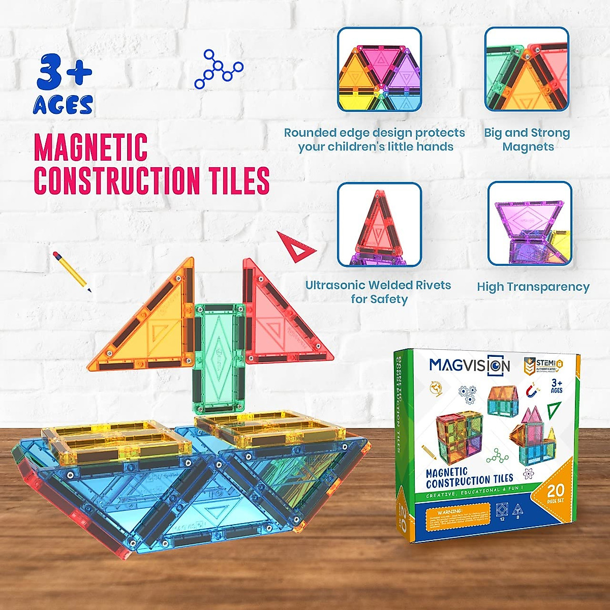 MagVision 20-Piece Magnetic Building Tiles Set, Stem Magnetic Building Blocks, Extra Strong and Safe Magnets, Stem Toys, Magnetic Blocks, Educational Toys for Children Ages 3+ Years