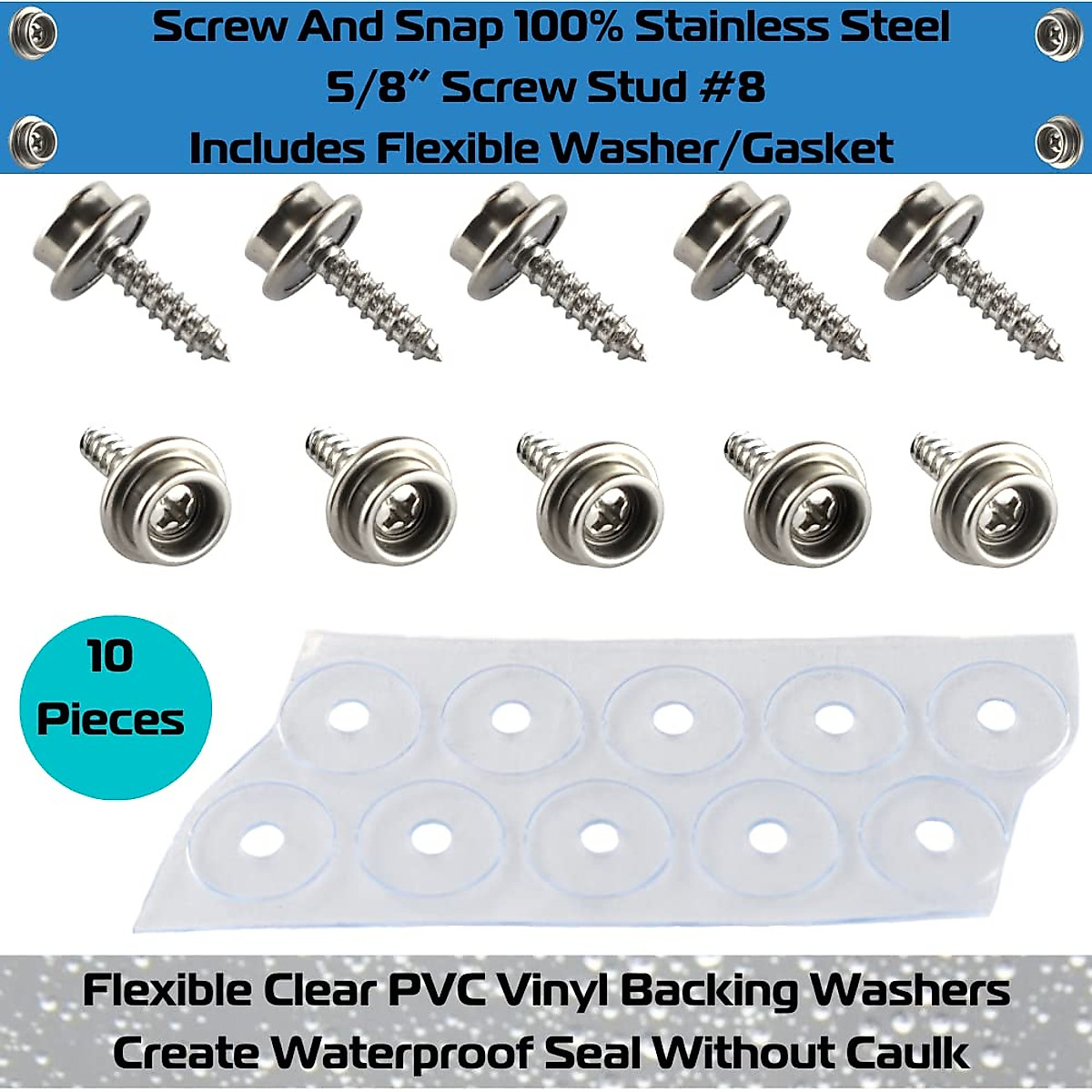 EZ-Xtend Stainless Steel Screws Marine Grade 5/8" #8 Boat Cover Snaps. Premium Snap Button Kit Includes 10 pcs of Screw in Snap Fasteners, 10 Flexible Clear PVC Vinyl Backing Washers Fastener Hardware