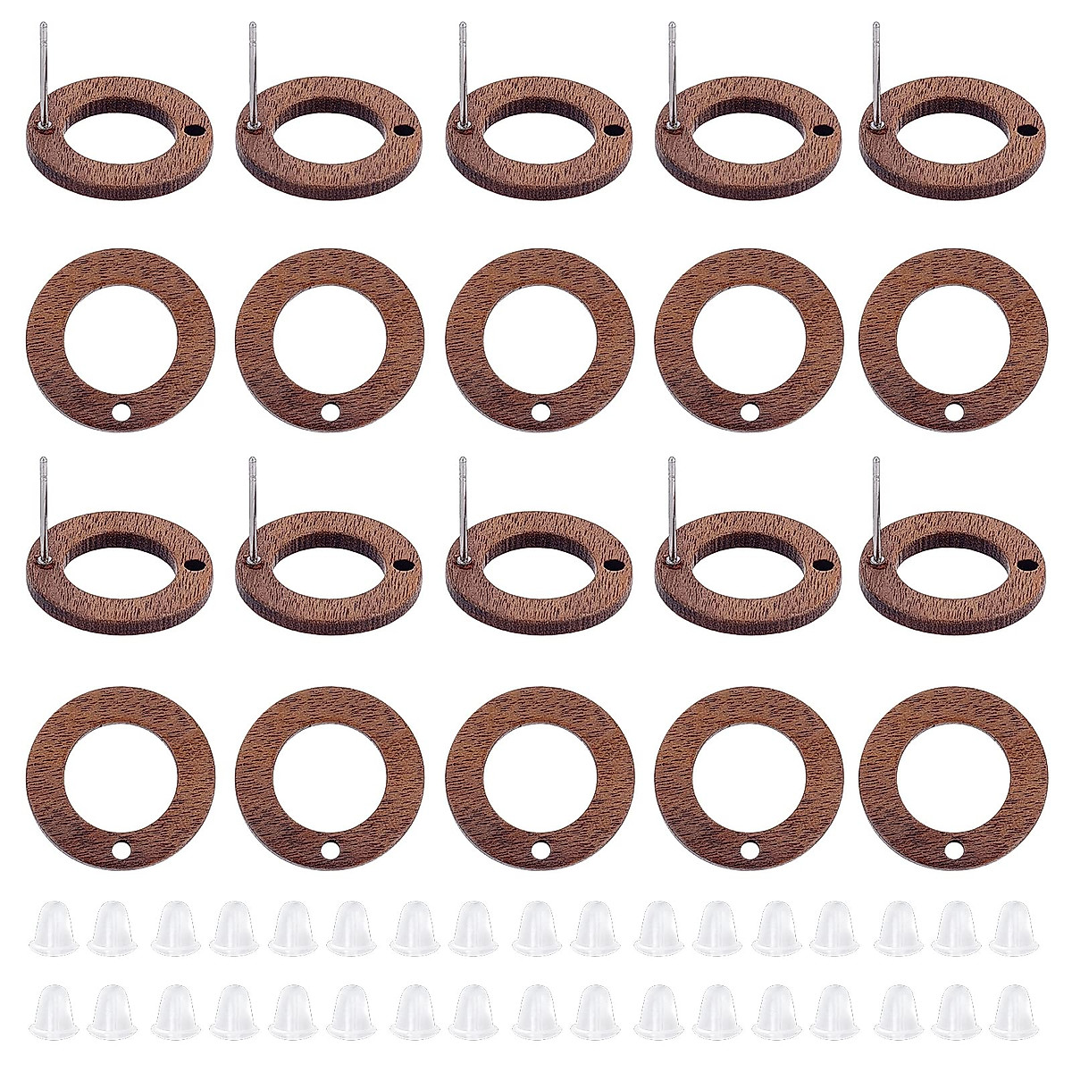 UNICRAFTALE 20pcs Tan Ring Walnut Wood Stud Earrings with 30pcs Plastic Ear Nuts Stud Earring Findings with Stainless Steel Pin Ear Studs with Hole for DIY Earring Jewellery Making