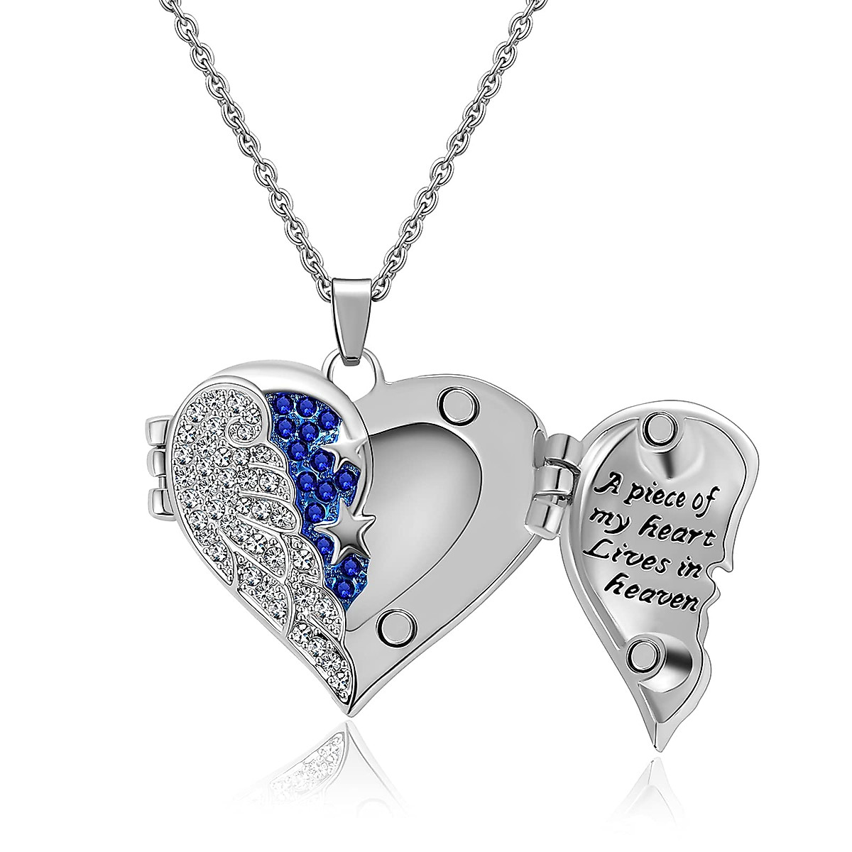 Heart Crystal Urn Necklace for Ashes A Piece Of My Heart Lives In Heaven Cremation Jewelry Angel Wings Memorial Keepsake Pendant (Blue)