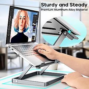 ROADOM Laptop Stand for Desk, Adjustable Ergonomic Laptop Riser, Foldable Portable Computer Stand for Laptop Tablet Portable Monitor (10-17.3''),Aluminum Alloy, Silver