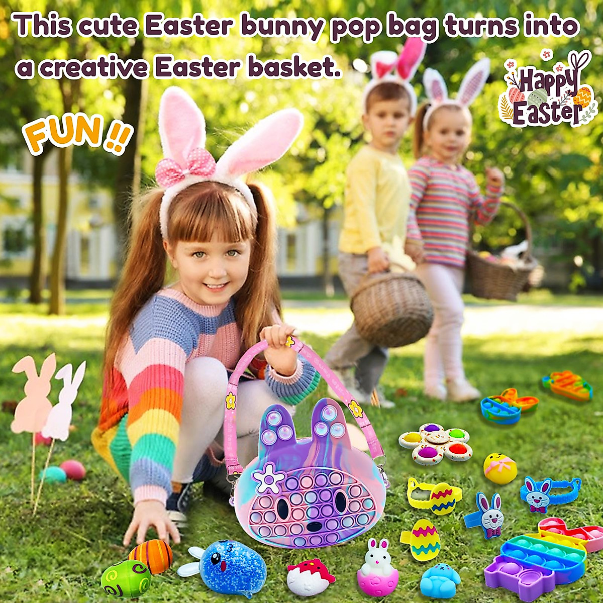 Easter Basket Stuffers - Pop Easter Basket Bunny Purse Bags Sensory Fidget Toy Pack for Kids Toddlers Teens Girls Boys - Great Easter Gift Set for Easter Hunts and Party Favor