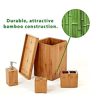 Seville Classics Bamboo Wood Bathroom Vanity Organizer Set with Soap Dispenser & Tooth Brush Trash Bin, Cotton Ball & Q-Tip Holder, Towel Tray, 5 Piece