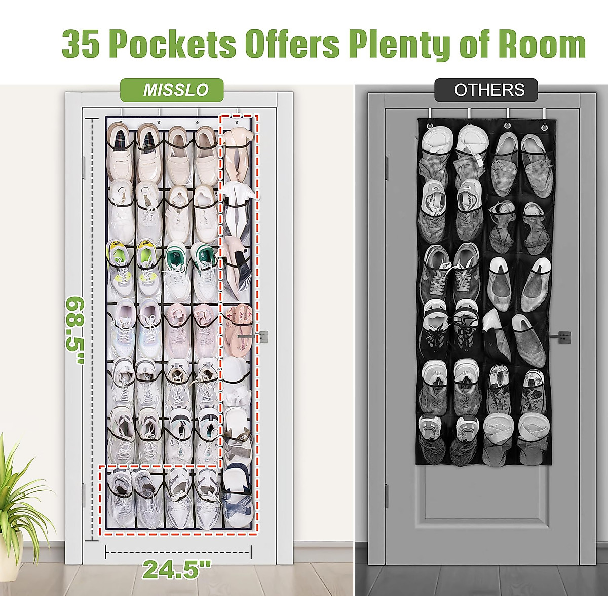 MISSLO 35 Clear Large Pockets Over The Door Shoe Organizer Sturdy Oxford Fabric Hanging Shoe Rack Closet Shoe Holder Hanger, White