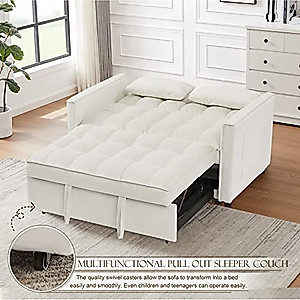 Velvet Pull Out Sleeper Sofa Bed, Convertible Futon Couch Bed with Adjustable Backrests, 3 in 1 Modern Loveseat with 2 Pockets and Pillows, Small Love Seat for Living Room, Guest Room, Off White