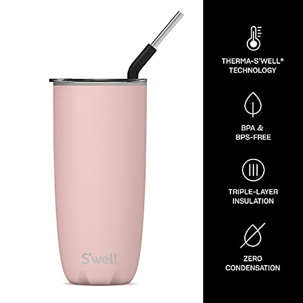 S'well Stainless Steel Tumbler with Straw - 24 Fl Oz - Pink Topaz - Triple-Layered Vacuum-Insulated Containers Keeps Drinks Cold for 18 Hot for 5 Hours - BPA-Free Water Bottle