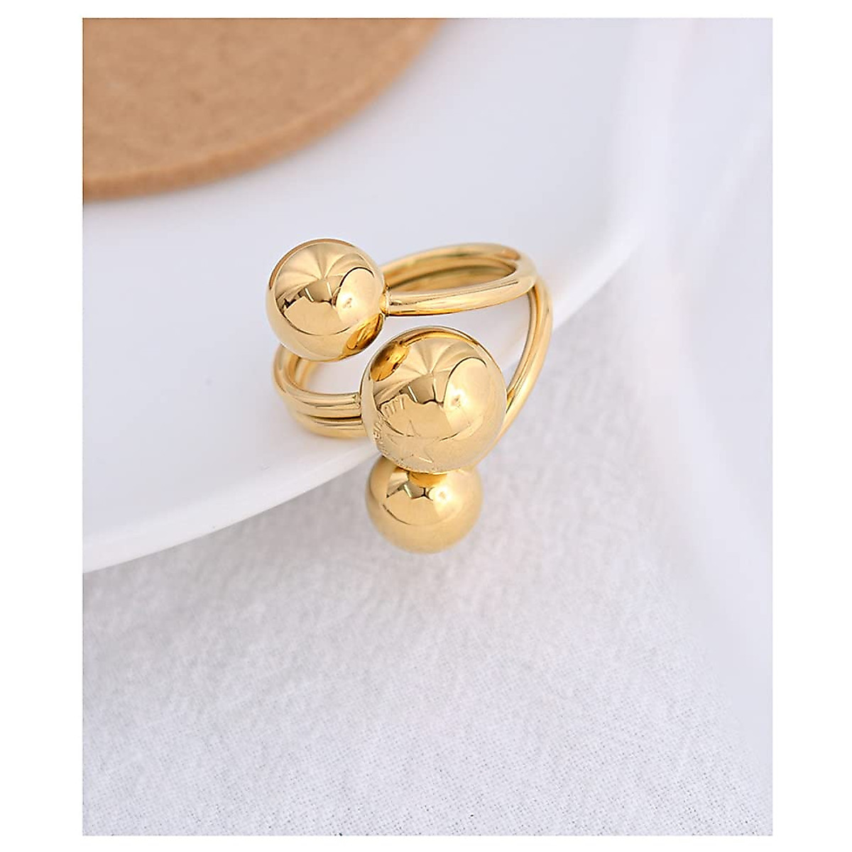 Fashion Ball Statement Ring for Women Girls Stainless Steel Layered 3 Round Balls Open Wrap Finger Rings Comfort Fit Geometric Unique Christmas Birthday Party Jewelry Gift Size 7-8 (Gold)