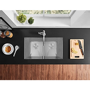 KABCO 32 Inch 16 Gauge Extra Thick Undermount Zero Radius Double Bowl Handmade Kitchen Sink with Stainless Steel Sink Strainers Bottom Sink Grids and a Rolling Grid Combo Package