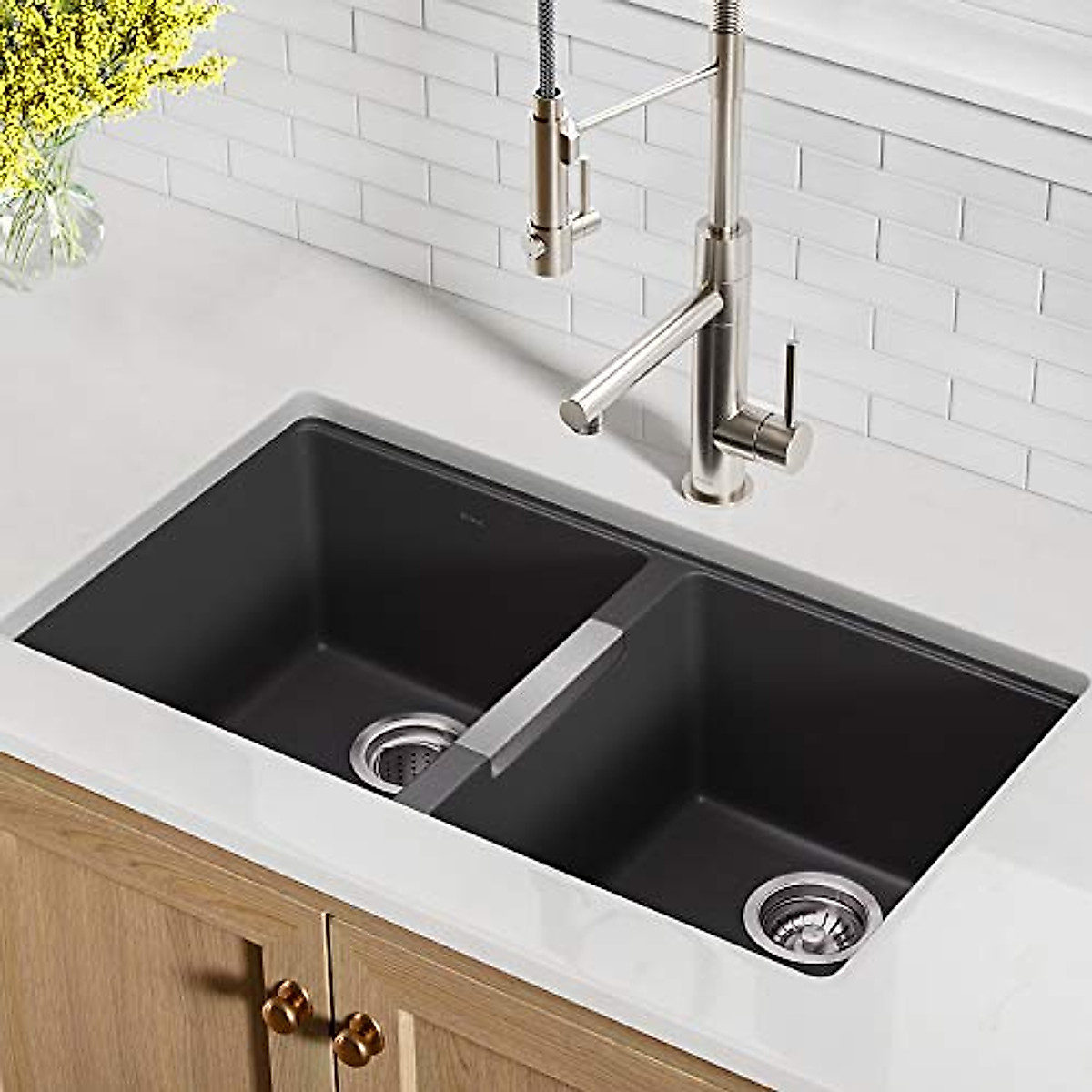 Kraus KGU-434B Undermount 50/50 Double Bowl Granite Kitchen Sink, 32.5-Inch, Black