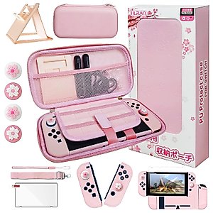 HLRAO Pink Travel Carrying Case Accessories Kit Compatible with Nintendo Switch (NOT Fit OLED/Lite).Pink Switch Hard Protective Cover,Adjustable Stand,Screen Protector & Cute Thumb Grips 10 in 1 Gift.