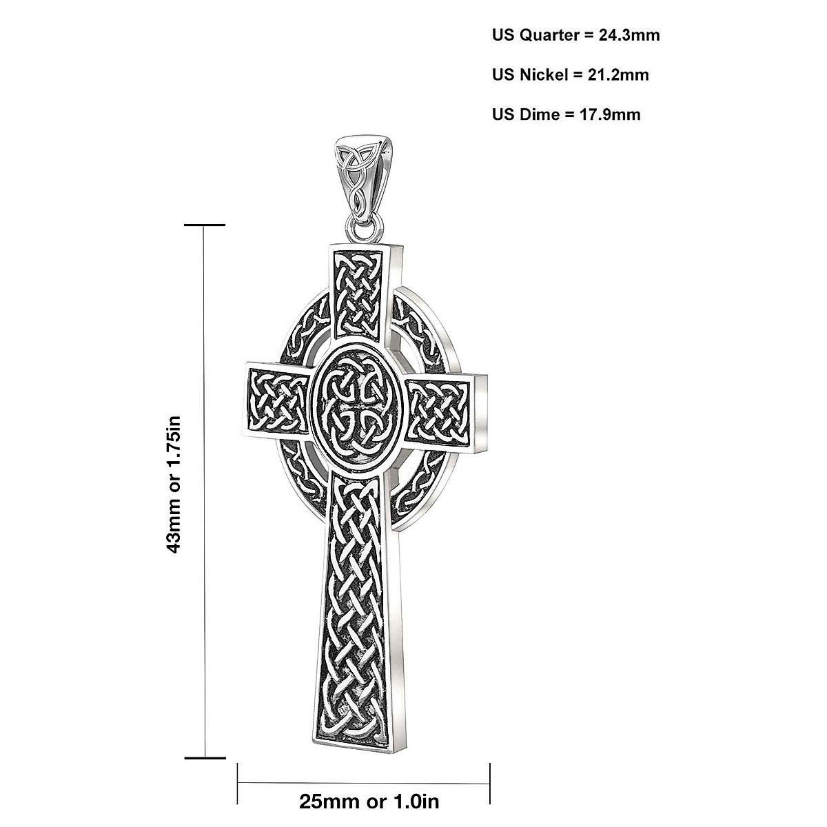 US Jewels New 925 Sterling Silver Irish Celtic Knot Cross Religious Pendant, 43mm