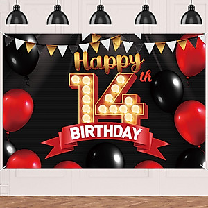 Happy 14th Birthday Black Banner Decorations Gold Backdrop Red and Black Balloons Theme Decor for Girls Women Princess 14 Years Old Birthday Party Supplies Photo Booth Props Background Favors Glitter