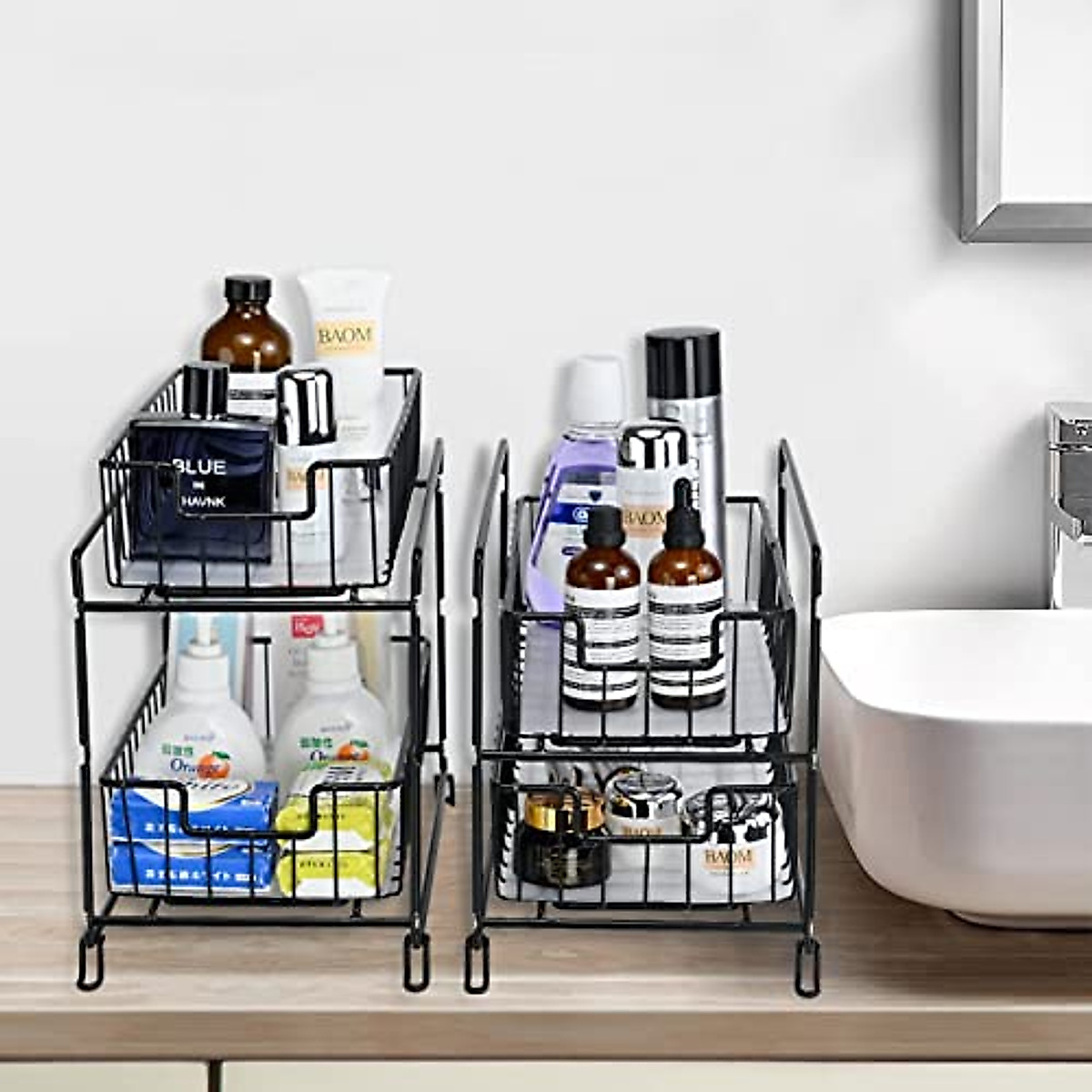 SUFAUY Pull-Out Sliding Drawer, 2 Tier Cabinet Organizer Metal Basket for Countertop Bathroom Storage, 123456