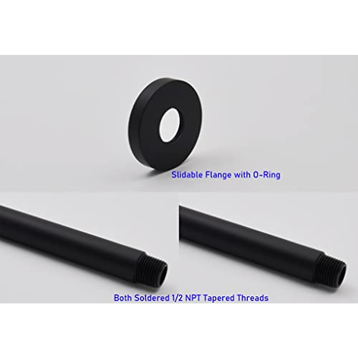 Aquaiaw Shower Arm and O-Ring Flange, 6 inch, Solid Brass, Round, Both Soldered 1/2 NPT Tapered Threads, Straight Shower Arm Extension, Ceiling Shower Head Arm for Rainfall Shower (Matte Black)