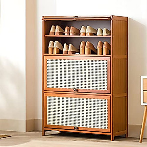 IOTXY Shoe Rack Organizer Cabinet - 7-Tier Bamboo Free Standing Shoe Storage Shelf with Flip-up Doors, for Closet, Hallway, Bedroom, Entryway, Brown