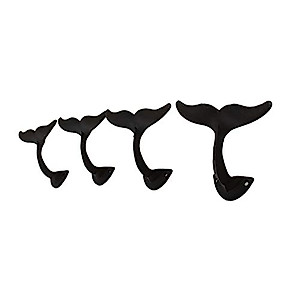 Zeckos Set of 4 Whale Tail Rustic Brown Cast Iron Wall Hooks