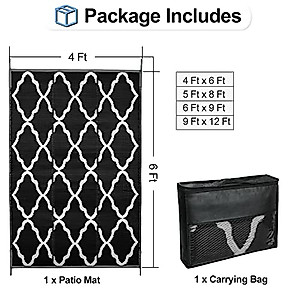 OutdoorLines Outdoor Plastic Area Rugs for Patio 4x6 ft - Reversible Outside Carpet, Stain & UV Resistant RV Mats, Straw Rug for Camping, Deck Garden, Porch and Balcony, Moroccan Black & Light Grey
