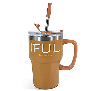 21 oz Insulated Coffee Mug Tumbler with Handle, Stainless Steel Travel Mug Tumbler with Lid and Straw, Coffee Travel Mug Spill Proof with Lid for Keep Hot/Ice Coffee, Brown