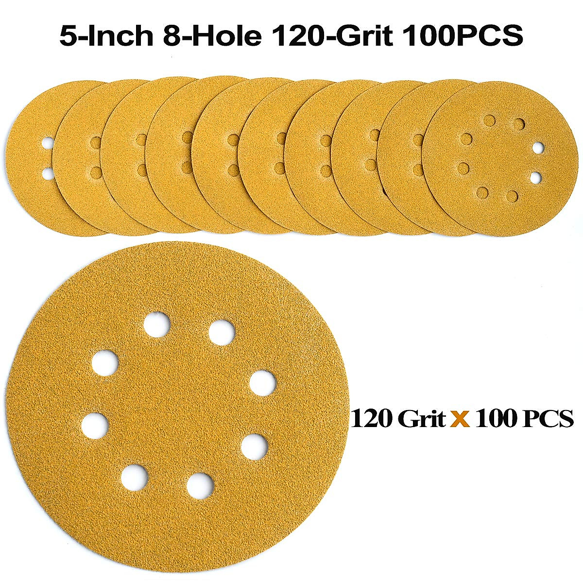 Aiyard 5-Inch 8-Hole Hook and Loop Sanding Discs 120-Grit Random Orbit Sandpaper, 100-Pack
