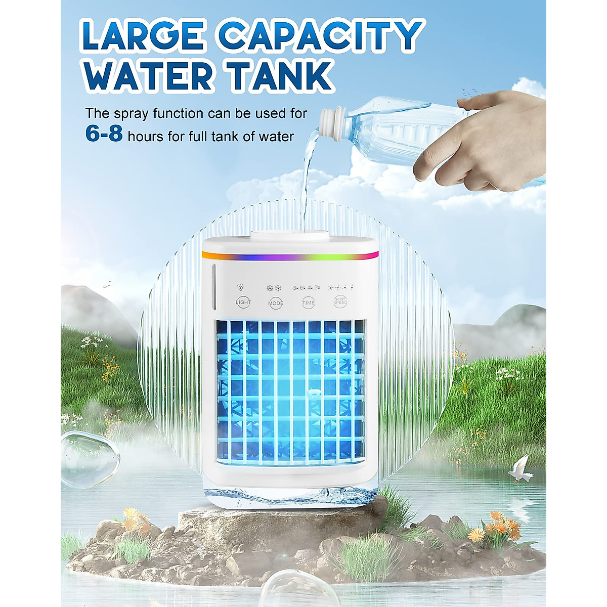 Portable Air Conditioners, 4 Speeds Evaporative Air Cooler Humidifier 600ML Waterbox Mini Air Conditioner, 2/4/6H Timer, 2 Misting Modes and LED Light, Perfect for Home Office Bedroom Camping